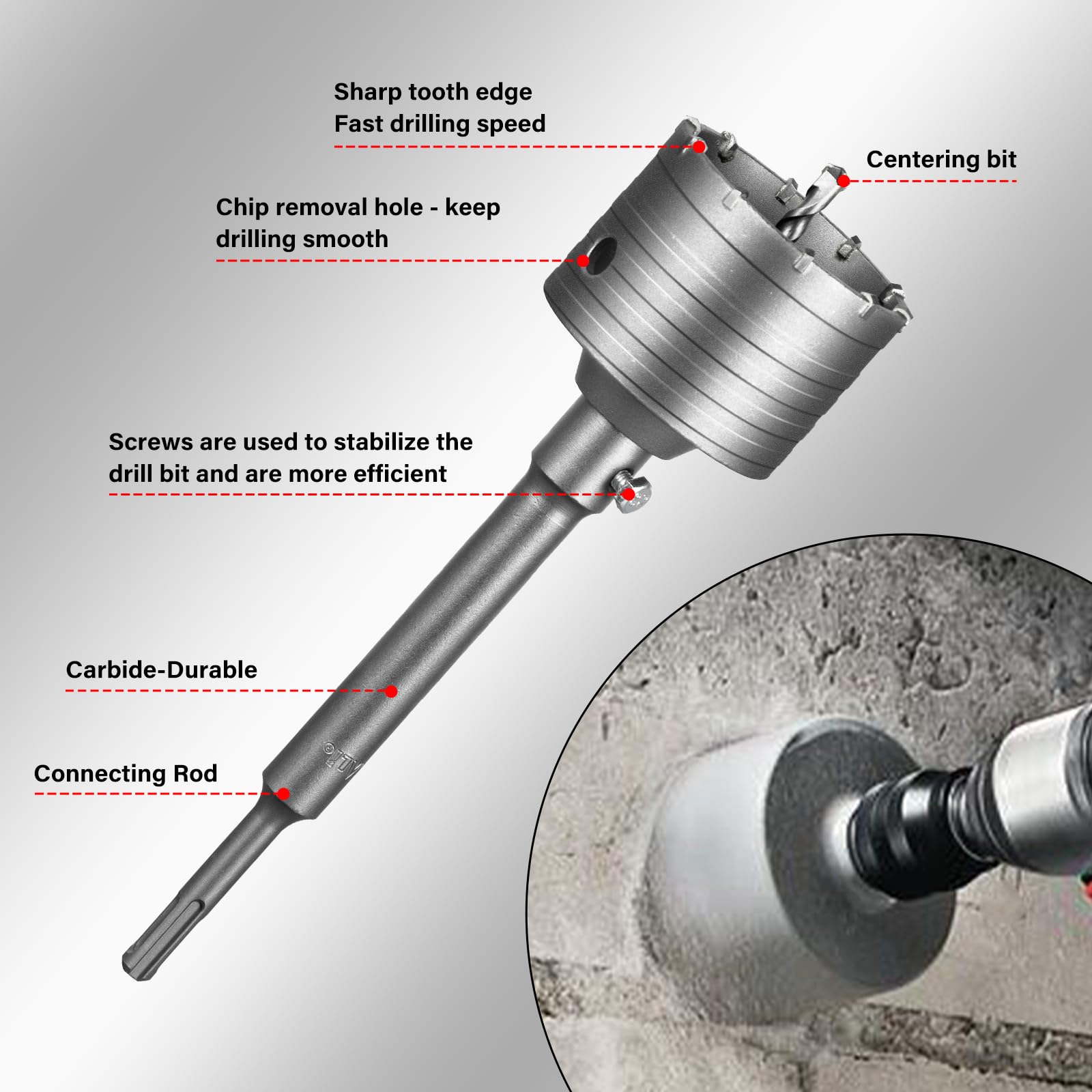 SALI Concrete Hole Saw Kits 4-1/8"(105mm) Tungsten Steel Wall Hole Cutter Drill Bit Sets with 220mm SDS Plus Shank Connecting Rod,110mm Center Positioning Drill Bits for Cinder Block,Brick,Adobe Wall