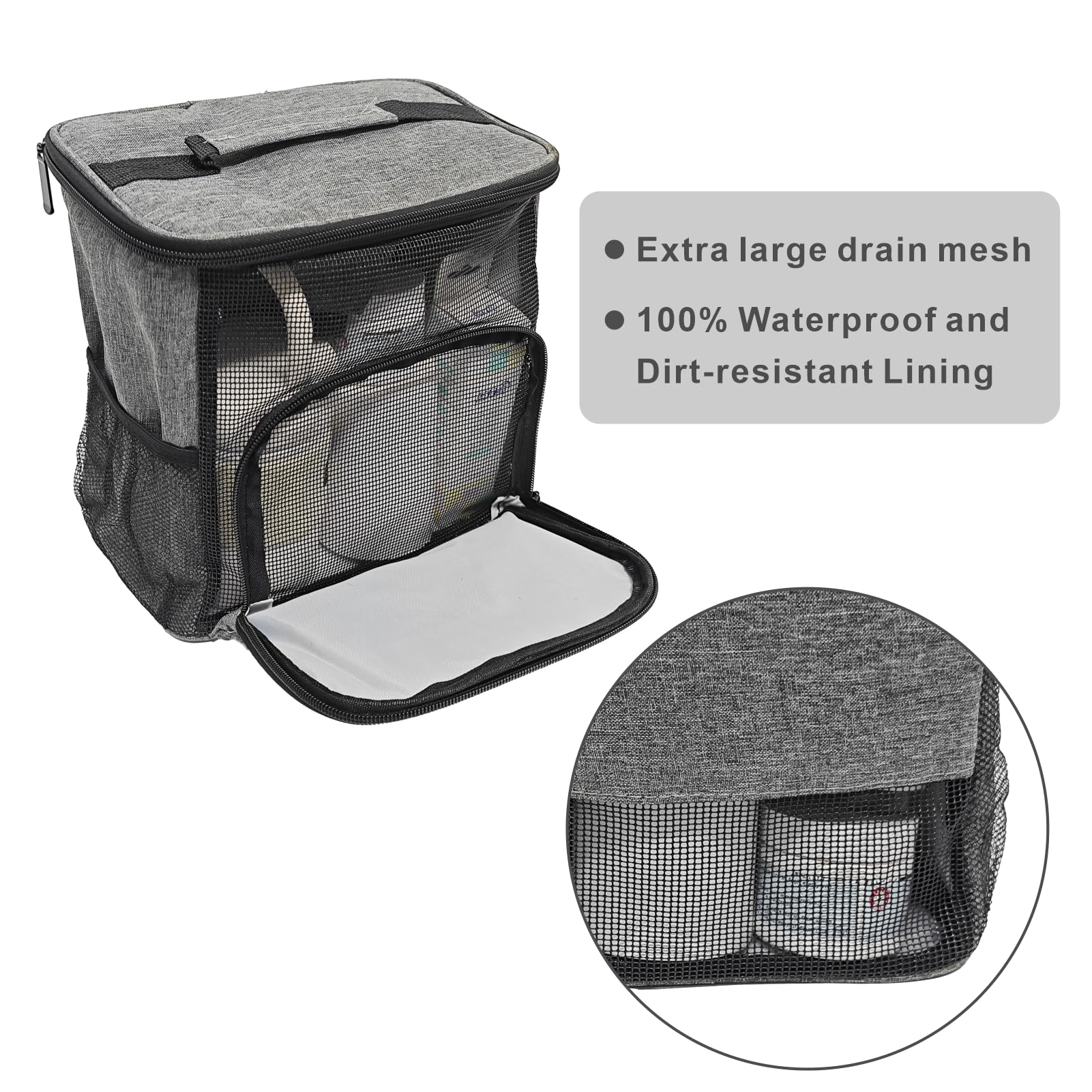 Portable Shower Caddy for Dorm & Gym & Travel - Extra Large Capacity&Drain Mesh, Quick Dry and Water Resistant with Metal Hook - Essential College Dorm for Men & Women(Grey)