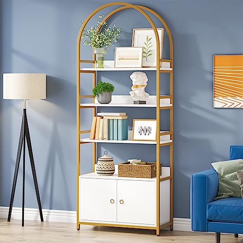 Tribesigns Gold Bookshelf with Door, 75.9 Inch Tall Etagere Bookcase with Storage Cabinet Shelf, 4-Tier Modern Display Shelf for Bedroom Living Room