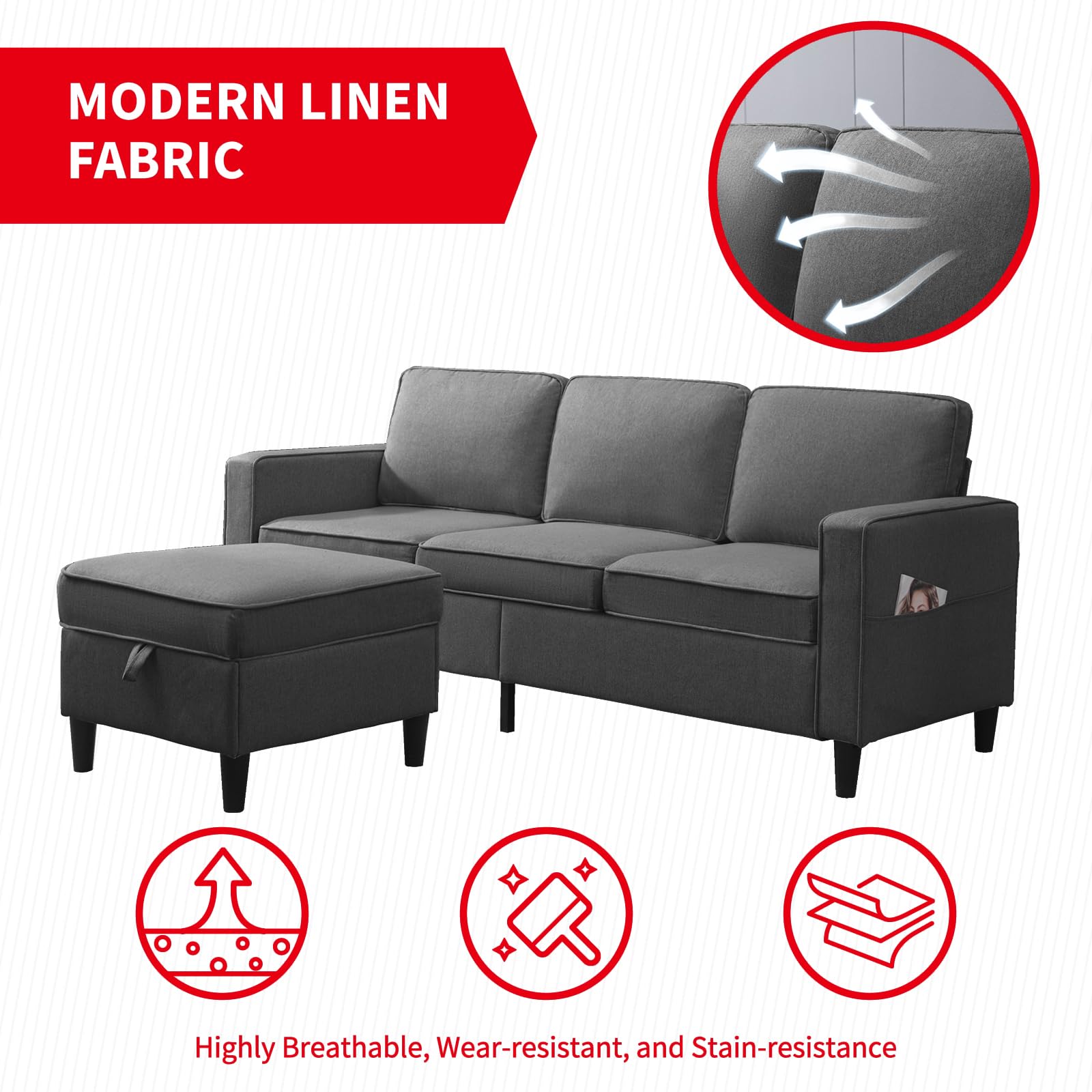 PUREMIND 89 Inches Sectional Sofa, Linen L-Shaped Couches with Reversible Storage Ottoman, Wooden Legs, 3-Seat Modern Convertible Sectional Couches for Living Room (Dark Grey)