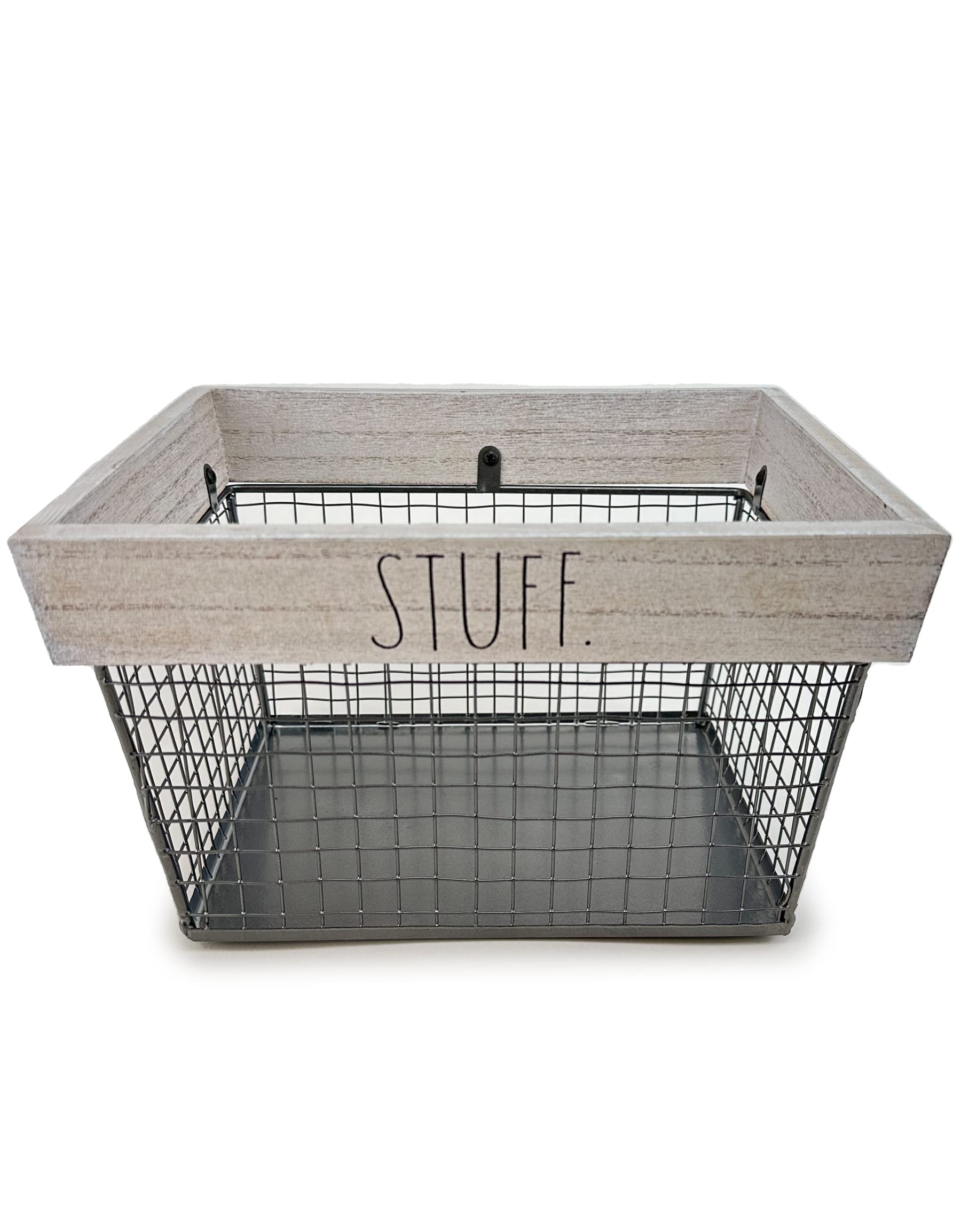 Rae Dunn Stuff Wire Storage Basket – Metal and Solid Wood Organizer – Decorative Storage Bin – Home & Office Organizers for Desk, Bedroom, Living Room, Closet and More Natural /inStuff/in
