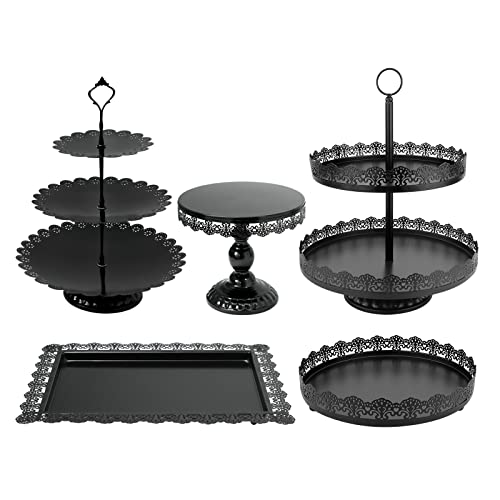 SCIEO Cake Stands Set of 5 Black Metal Cupcake Holder Dessert Display Plate for Baby Shower Birthday Wedding Party Candy Table Decoration