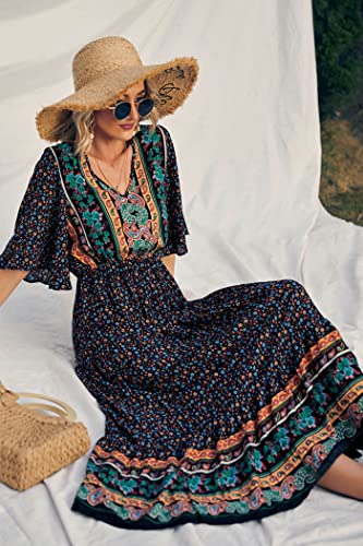 PRETTYGARDEN Women's Casual Summer Boho Floral Print Dress V Neck Short Sleeve High Waist Long Maxi Beach Dresses (Black Floral,Medium)