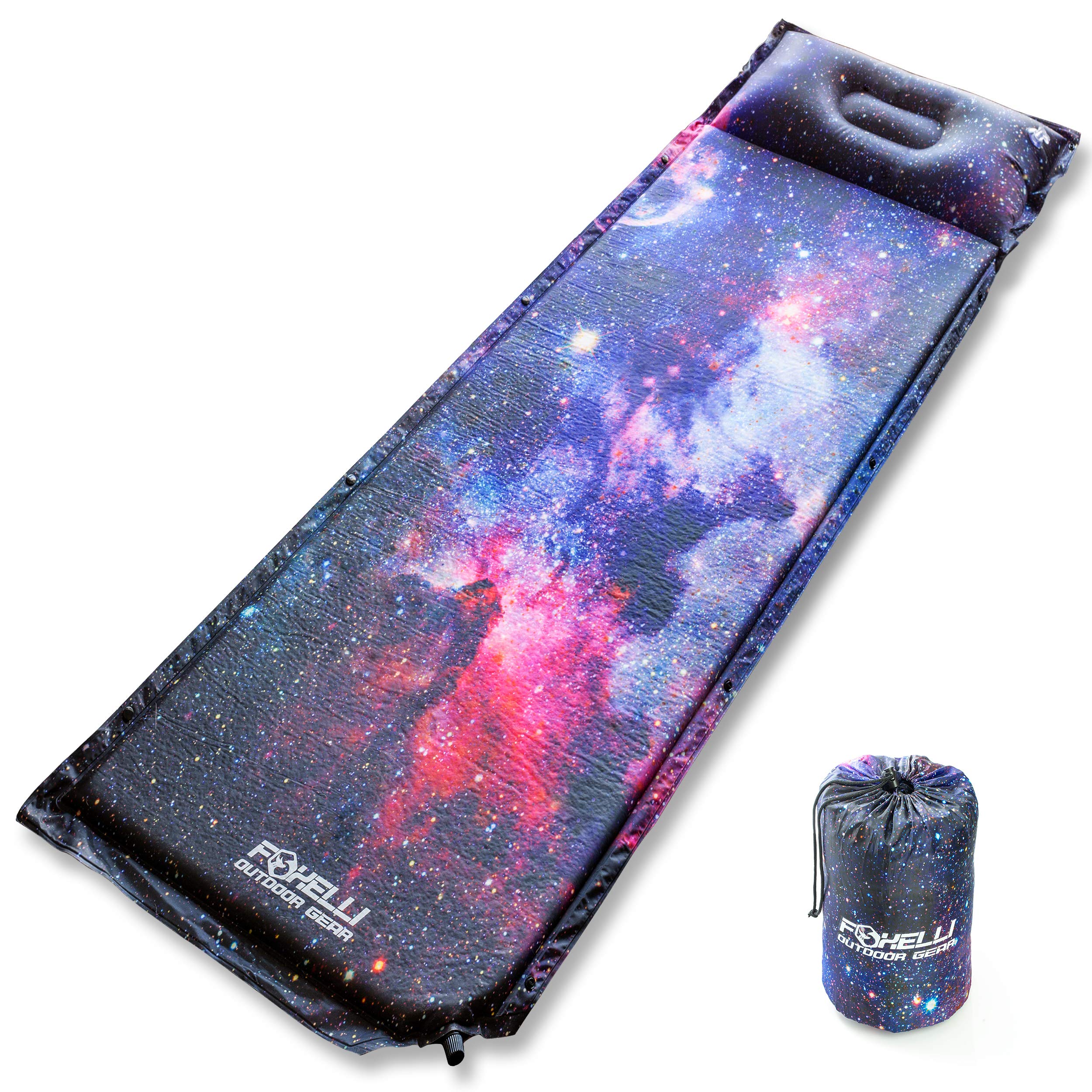 Foxelli Self Inflating Sleeping Pad for Camping, Backpacking, Hiking, Insulated Foam Lightweight Camping Mat, Inflatable Camp Mattress with Pillow