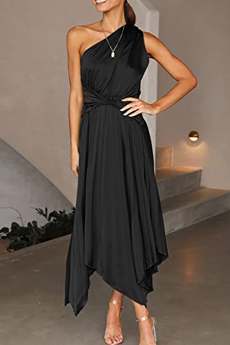 PRETTYGARDEN Women's Summer Long Satin Dress One Shoulder Sleeveless Ruched Twist Flowy Maxi Dresses (Black,Medium)