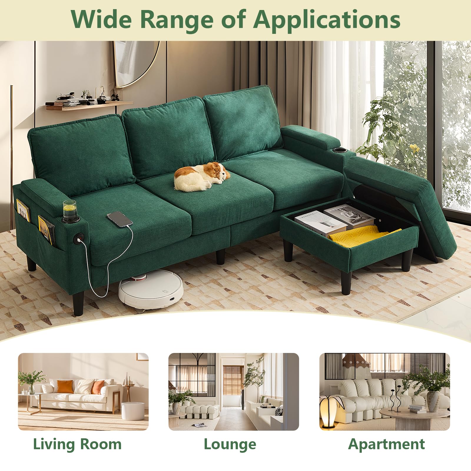 Nonlita L Shaped Combo Sofa with Storage Ottoman,3-seat Combo Sofa,L Shaped Combo Sofa with USB & Cup Holders & Side Pockets,Upholstered sectional Couch for Living Room Small Space Apartment,Blue