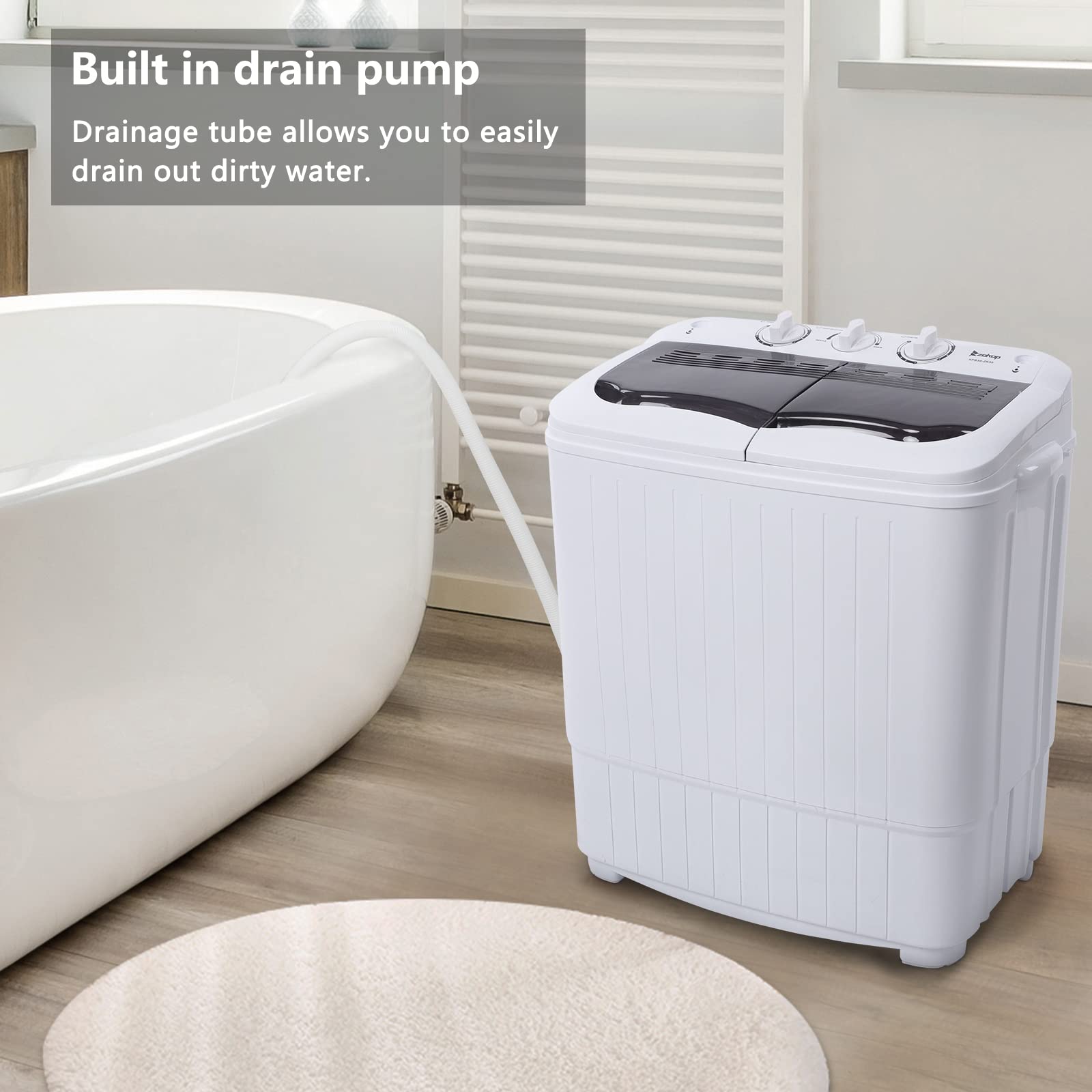 Portable Washing Machine and Dryer, 14Lbs Twin Tub Portable Washer Dryer Combo with Drain Pump, Semi-Automatic 7.7Lbs Washer Mini Laundry Machine with 6.6Lbs Spinner for Dorms, Apartments, RVs, Black