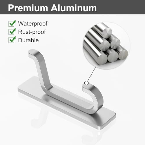 pickpiff Adhesive Coat Hooks, Extra Sticky Waterproof Metal Hook for Hanging Towels, Wreath, Purse, Hat, Cloth, Wall Mounted Hanger for Shower Bathroom Kitchen Door Heavy Duty, Silver, 4 Pack