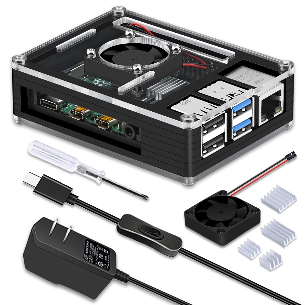 GeeekPi Acrylic Case for Raspberry Pi 4, Raspberry Pi 4 Case with Fan, Raspberry Pi 4 5V 3A Type-C Power Supply, 4pcs Aluminum Heatsinks for Raspberry Pi 4B 8gb/4gb/2gb (No Raspberry Pi Board)