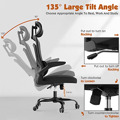 SOMEET Ergonomic Mesh Office Chair with Lumbar Support, High Back Office Chair with Flip-up Arms, Mesh Computer Gaming Chairs with Adjustable Headrest, Ergonomic Chair for Home Office Work, Black