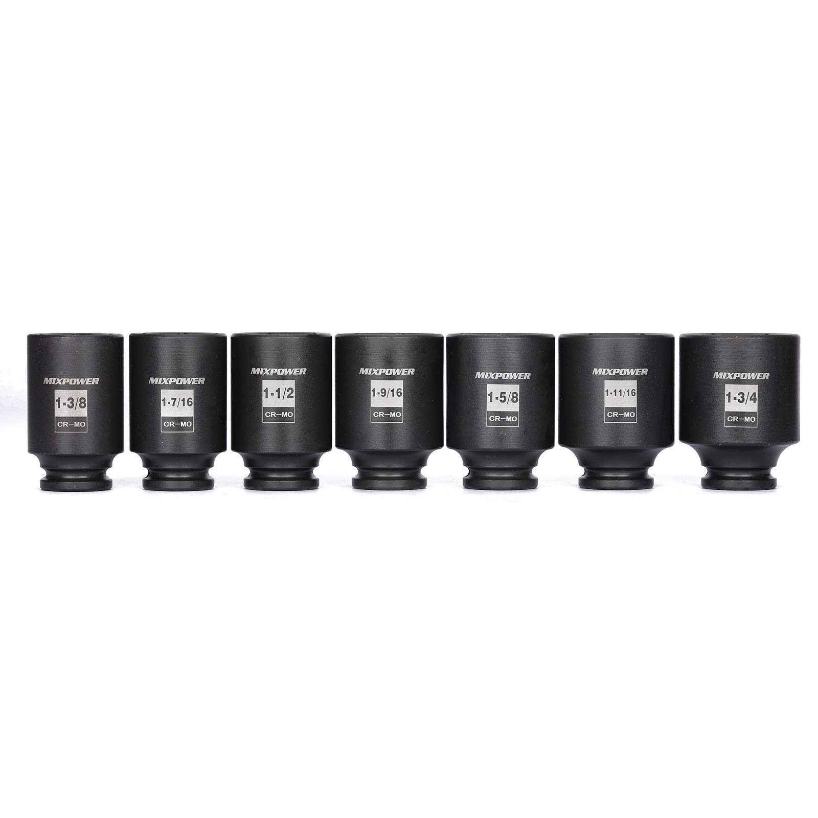 MIXPOWER 1/2-Inch Drive Deep Impact Socket Set, Inch, Cr-Mo, 6-Point, 1-3/8-Inch - 1-3/4-Inch, 7-Piece 1/2" Dr. Deep Spindle Axle Nut Impact Socket Set