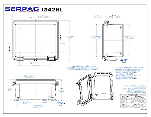 Serpac I342HL,TCBG (5.46 x 10.23 x 11.75 in) Polycarbonate IP67 Waterproof UL 508A Plastic Project Junction Box Enclosure with Clear Top Hinged Cover, Plastic Rustproof Latchs, and Gray Bottom