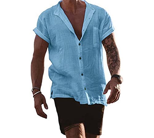 MBETA Cotton and Linen Solid Color Cardigan Loose Short Sleeve Shirt Suitable for Summer Menswear