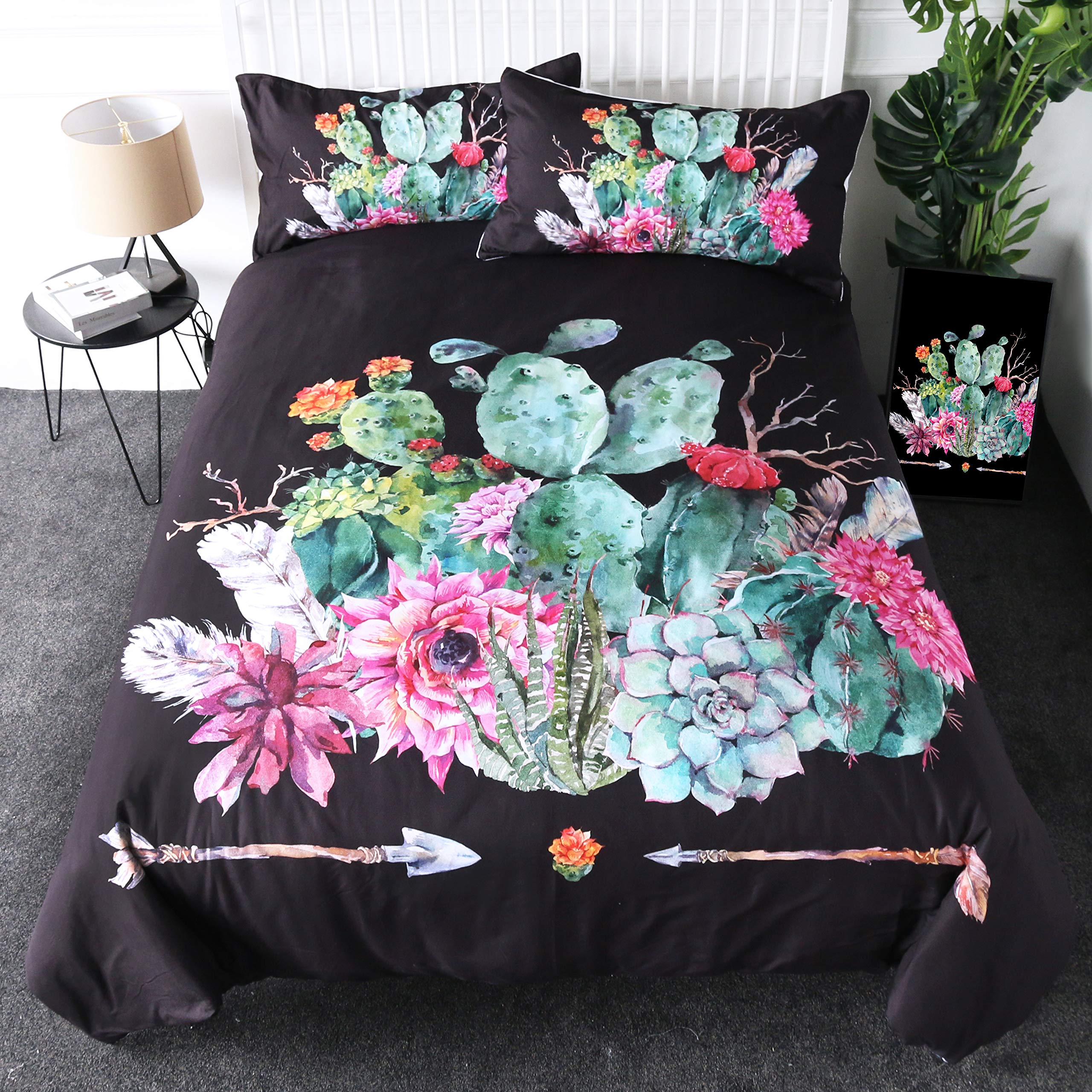 Sleepwish Duvet Cover Set Queen Size Cactus Pattern Bedding Sets Boho Style Succulent Bedspread Vintage Plants Sword Print Comforter Cover 3 Pieces Black Cactus Bedroom Decor