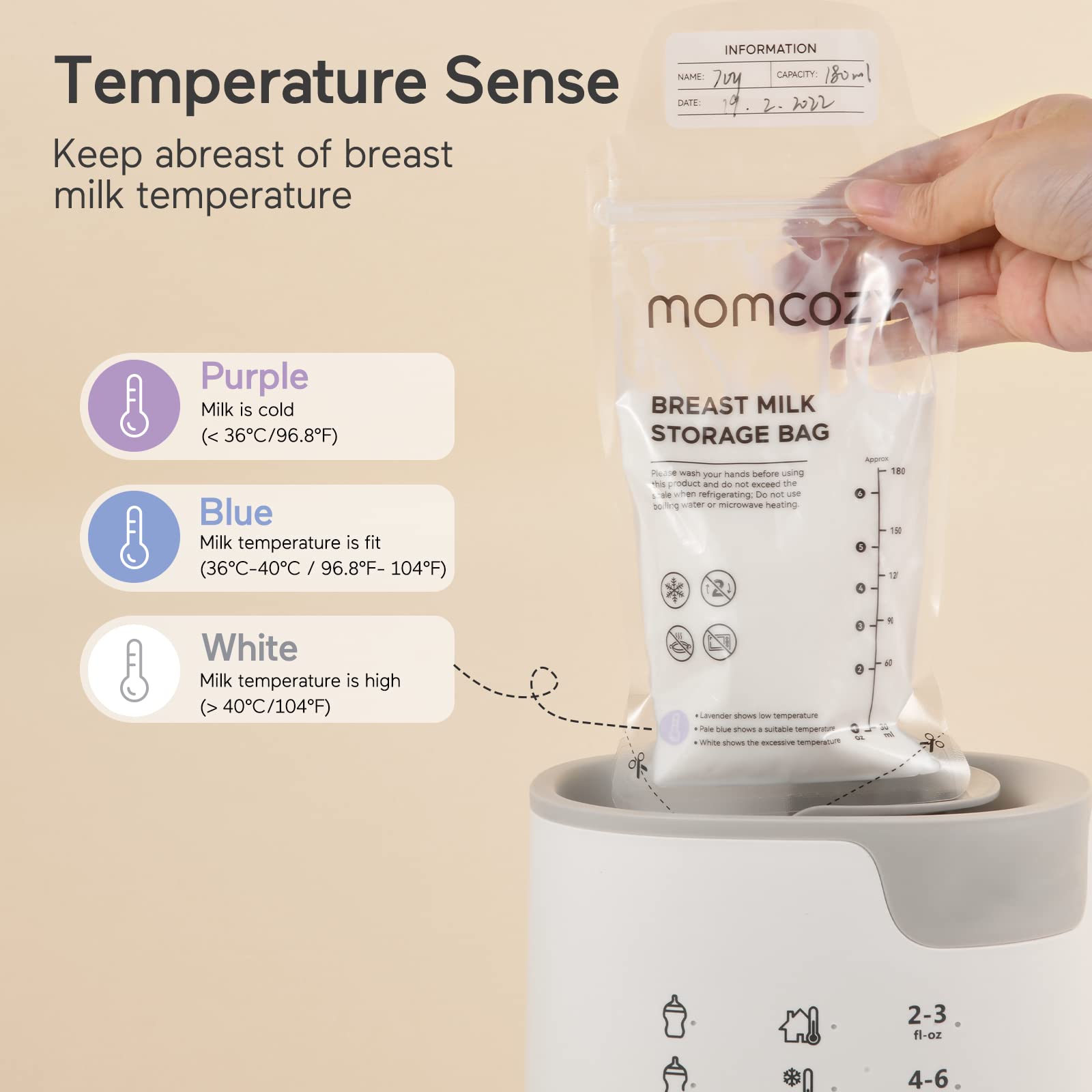 Momcozy Breastmilk Storing Bags with Temp-Sensing 120pcs & Double Wearable Breast Pump, 24mm Pink