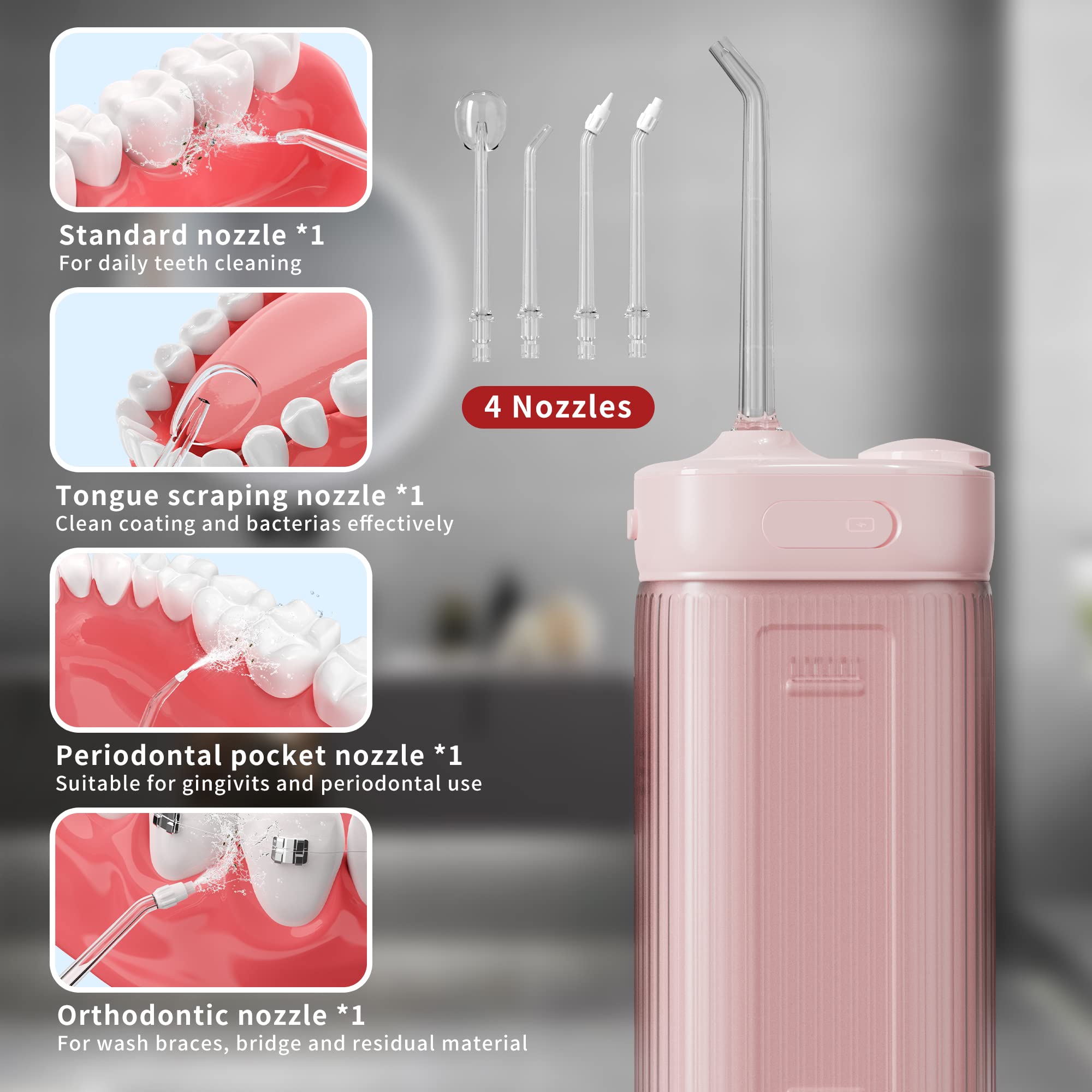 Portable Water Flosser, Mini Cordless Oral Irrigator, Power Dental Flosser with Detachable Water Tank IPX7 Waterproof, 3 Adjustable Modes Comes with Storage Bag(Pink)