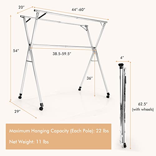 Tangkula Clothes Drying Rack with Wheels, Freestanding Stainless Steel Garment Rack for Laundry, Adjustable and Foldable, No Assembly Need, Space Saving Laundry Drying Rack for Indoor Outdoor