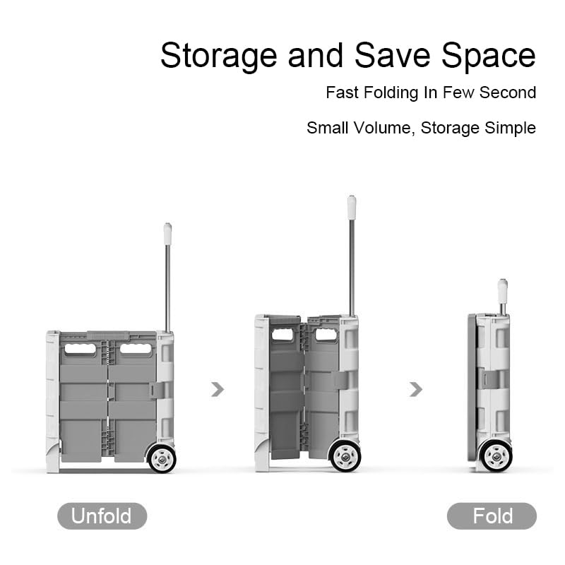 Folding Utility Cart with Wheels, Portable Rolling Trolley Hand Cart with Telescopic Handle, Durable and Collapsible Rolling Crate for Home Office Travel Schools Warehouse Camping Picnic, Grey