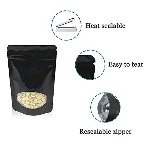 MITOB 100 Pieces Stand Up Mylar Bags Clear Plastic Window Pouch Food Storage Aluminum Foil Bag Candy Bath Salt Packing Zipper Lock Resealable (4.3x6.3 inch, Black)