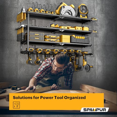 Spampur Power Tool Organizer with Charging Station, 8 Drill Holder Wall Mount, 4 Layer Storage Rack for Garage storage, Heavy Duty Utility Racks, Tool Battery Shelf with 6 Outlet Power Strip