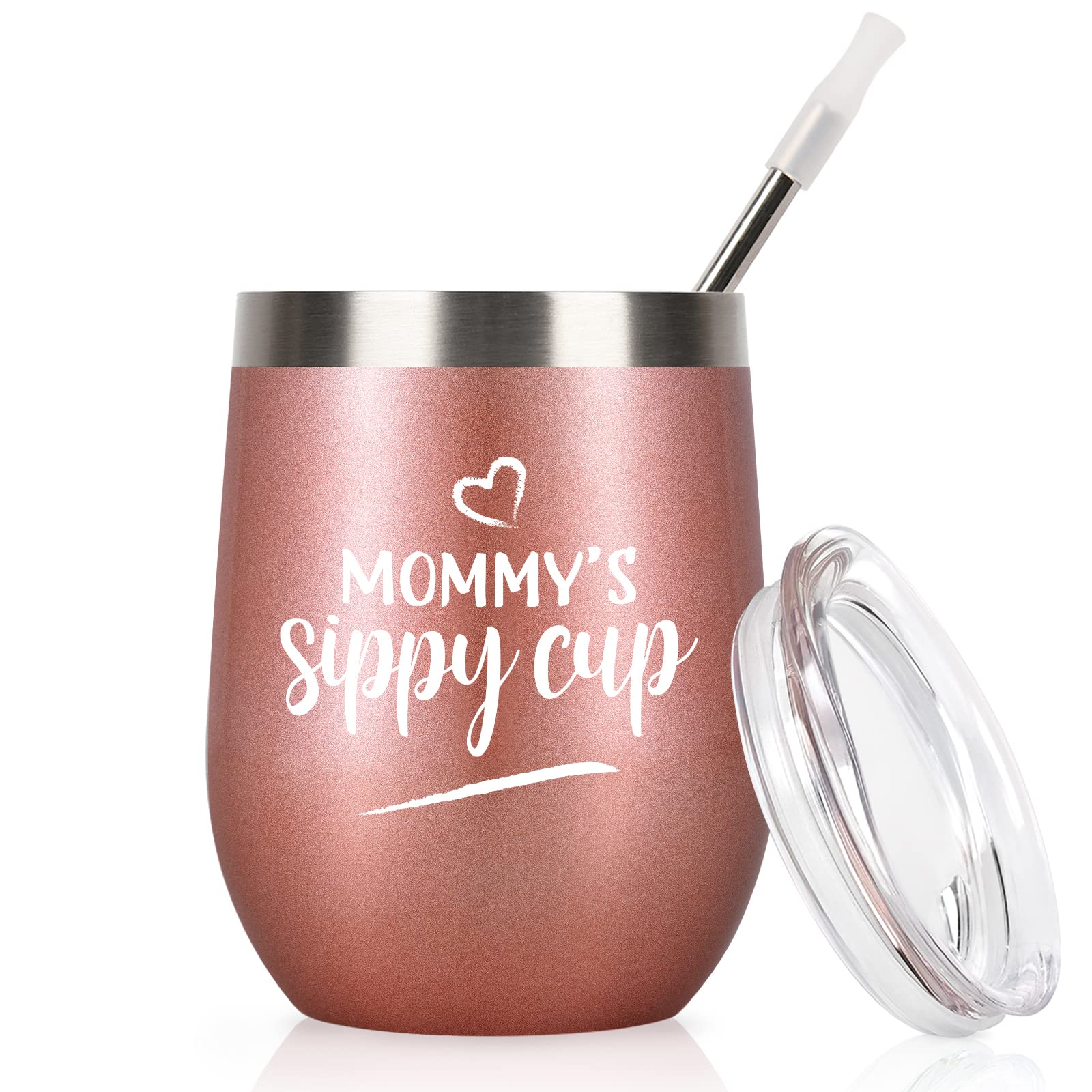 LiqCool Gifts for Mom, Christmas Gifts for Mom, Mom Gifts from Daughter Son, Mommy Sippy Cup Wine Tumbler, Gifts for Mom Who Has Everything for Birthday Valentines Day (12 Oz, Rose Gold)