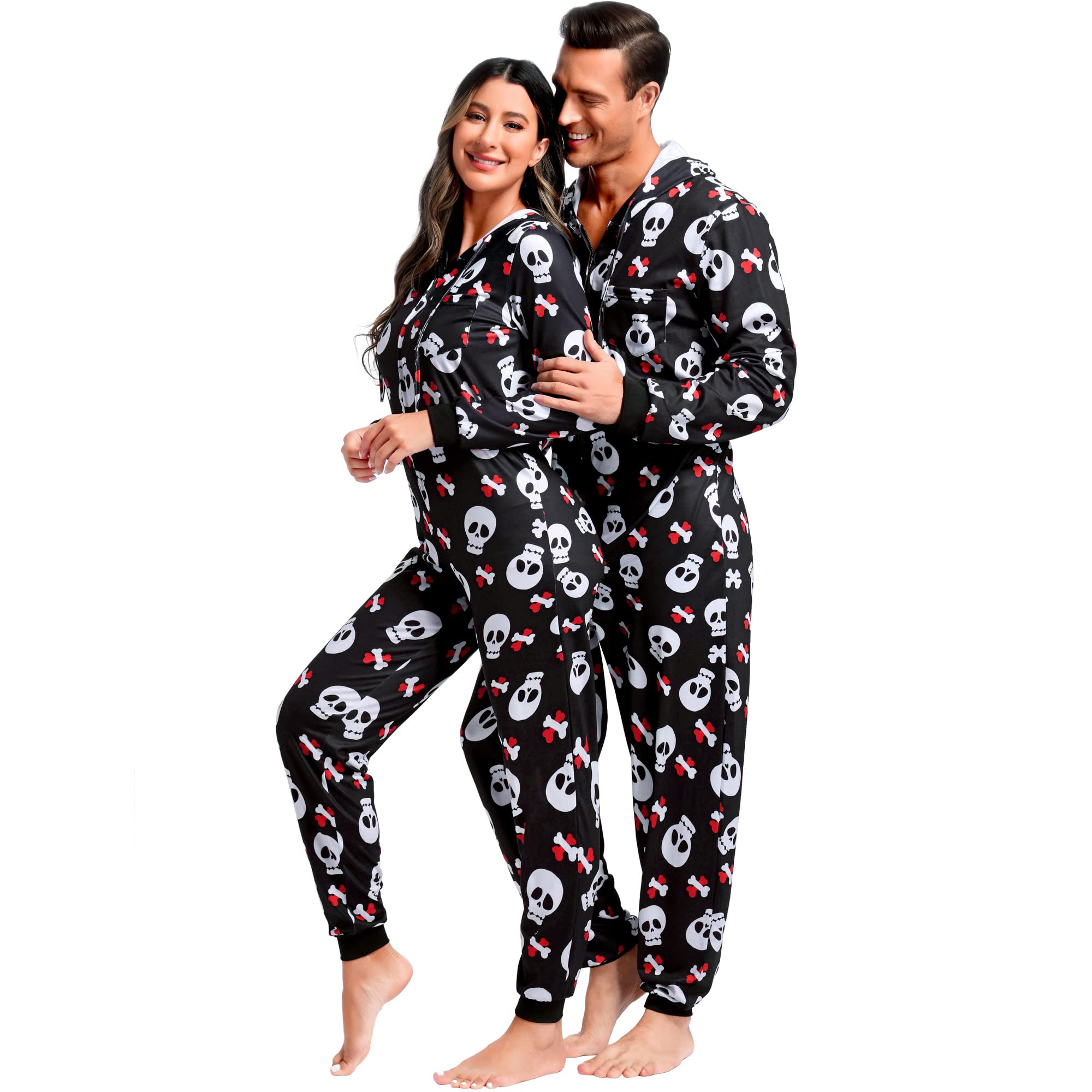 frawirshau Onesie Pajamas For Women Halloween Matching Pajamas For Couples Family Pjs Matching Sets Skull Onesie Adult Black S