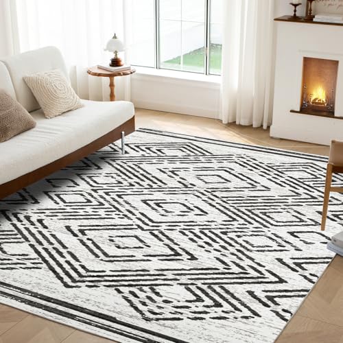 Syalife Boho Area Rug, Non Shedding 8x10 Washable Rug with Non Slip Backing, White and Black Modern Geometric Carpet, Indoor Bohemian Rug for Living Room Entryway Bedroom Kitchen - White, Black