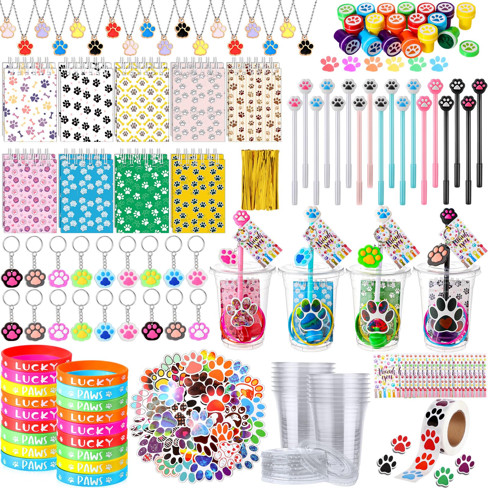 Syhood 206 Pcs Dog Party Favors Dog Paw Party Favor Set Gift Cup Mini Book Pen Bracelet Keychain Stamp Sticker Chain Pendant Thank You Tag Dog Christmas Birthday Party Supplies for Puppy Kid Girl Gift
