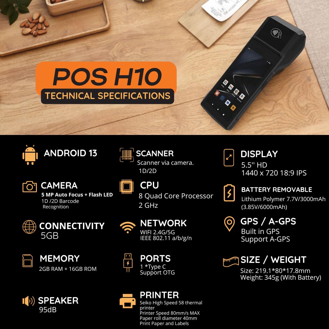 POS PDA H10 Receipt Printer Android 13 and 58mm High Speed Thermal Printer 5.5β Touch Screen. Handheld Mobil Point of Sale Tablet. Scan 1D/2D/QR barcodes and NFC. 2GB Ram+16GB ROM