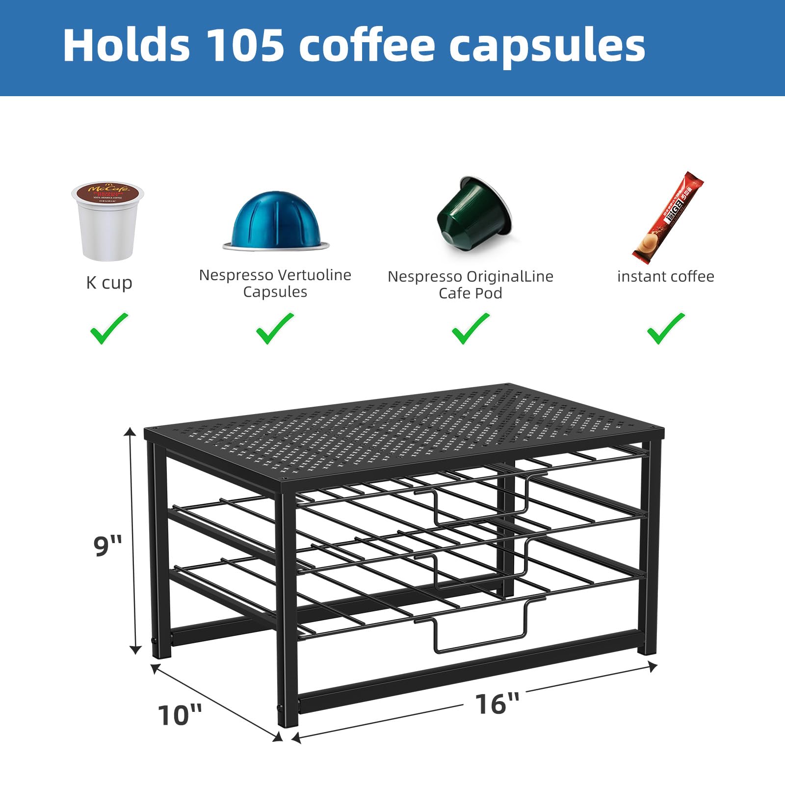 Simple Trending 3-Tier Coffee Pod Holder Rack for K-Cup, 105 Pod Pack Capacity Rack, Metal, Black