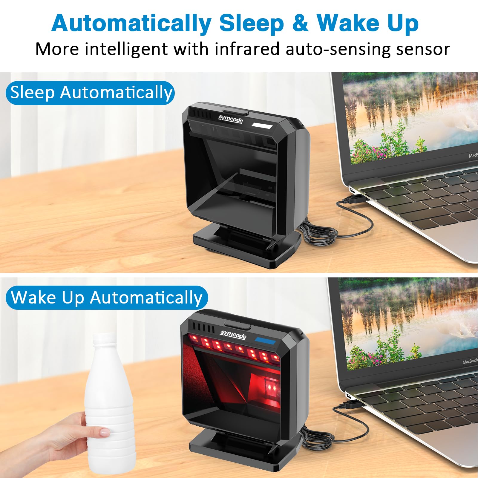 Symcode Automatic Omnidirectional Desktop 2D QR Barcode Scanner, Hands-Free USB Wired Barcode Reader, 1D 2D Bar Code Image Sensing for Warehouse, Supermarket, Retail Store, Bookstore