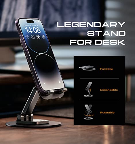 LISEN Rotatable Cell Phone Stand Height Adjustable iPhone Holder for Desk Portable Cellphone Stand Compatible with All Mobile Phone iPhone 15 14 Pro Max Desk Accessories (20X Stable Space Black)