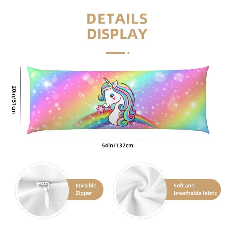 Rainbow Unicorn body pillowcase for Boys Girls Unicorn Cartoon Long Pillow Case Protector with Zipper Decorative Ultra Soft 20"x54"