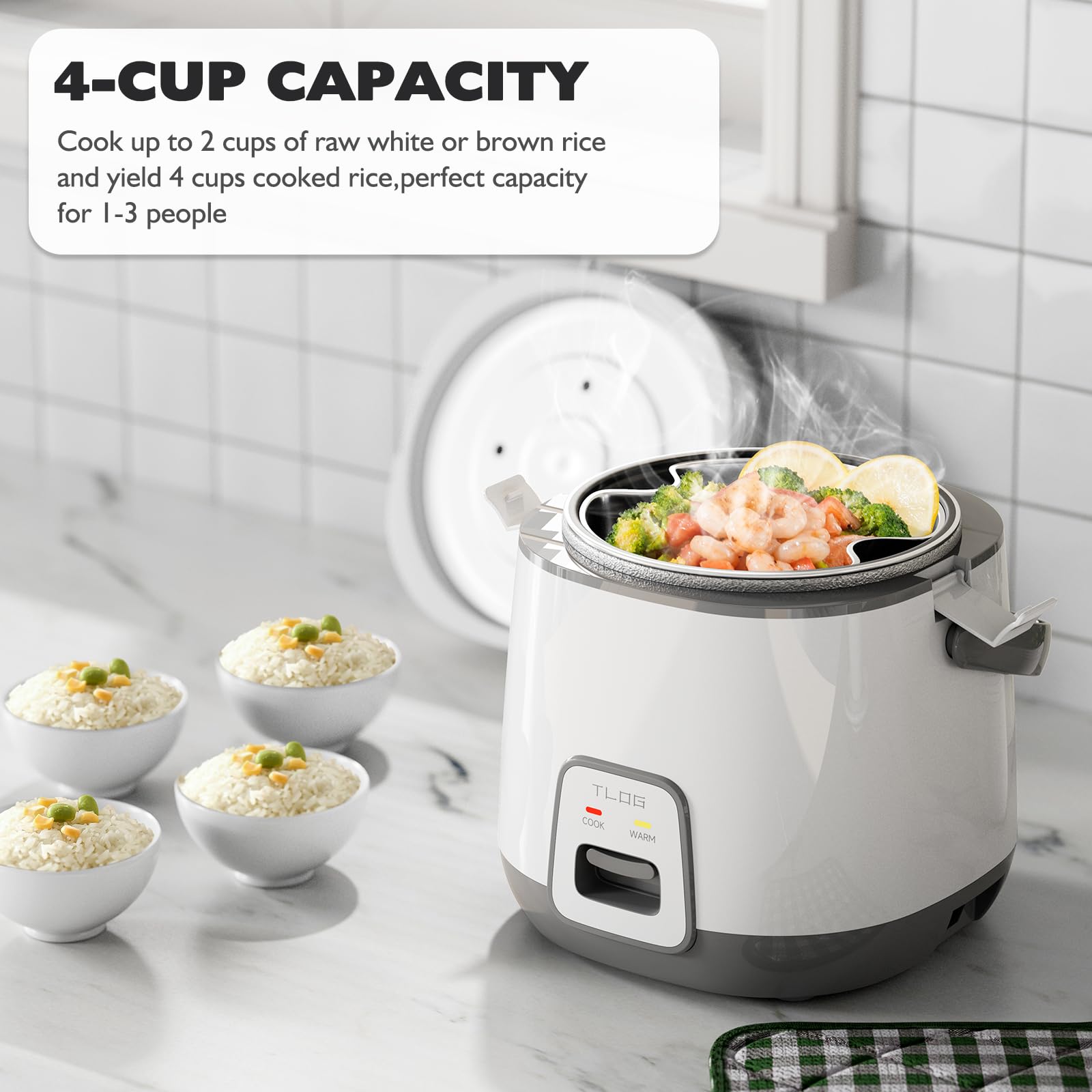 TLOG Mini Rice Cooker 2.5-Cup Uncooked(5-Cup cooked), Healthy Non-stick Coating 1.2L Small Rice Cooker for 1-3 People, Portable Travel Rice Cooker with Steam Tray, Rice Maker for Grains, White Rice, Oatmeal, Veggies