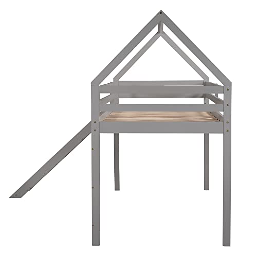 ODC Twin Size House Loft Bed with Slide, Wood Loft Bed Frame Twin with Ladder , Kids Playhouse Loft Bed for Girls Boys, No Box Spring Needed