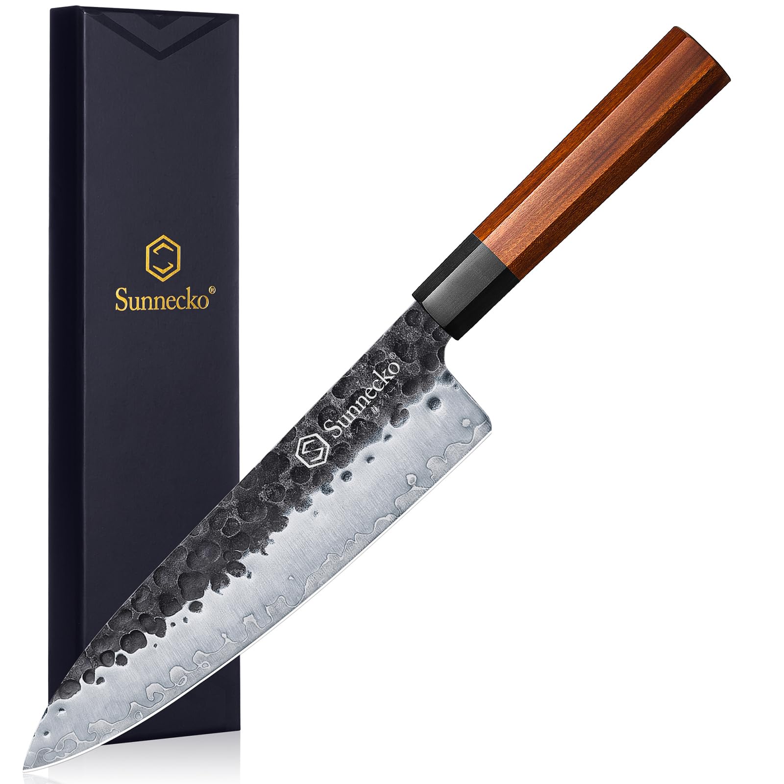 Sunnecko Japanese Chef Knife 8 Inch Chef Knife Wood Handle, Chefs Knife High Carbon Steel, 3-Layered 9CR18MOV