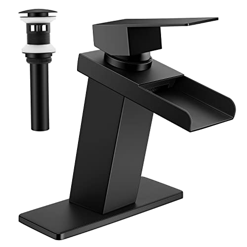 Matte Black Bathroom Faucet, Homikit Waterfall Bathroom Faucets for Sink 1 or 3 Holes, Modern Vanity Faucet with Single Handle Single Hole, Pop Up Drain, Deck Plate, 2 Water Supply Hoses