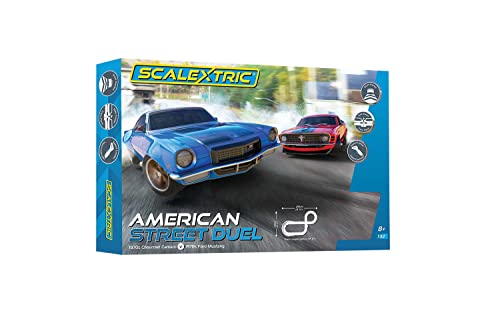 Scalextric American Street Duel 1970's Camaro vs. Mustang 1:32 Slot Car Race Track Set C1429T, Blue & Red