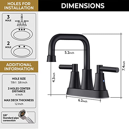 Matte Black Bathroom Faucet 3 Hole ARRISEA 4 Inch Centerset Faucet for Bathroom Sink, Black Bathroom Sink Faucet 3 Hole with Pop Up Drain, BF068-1-MB