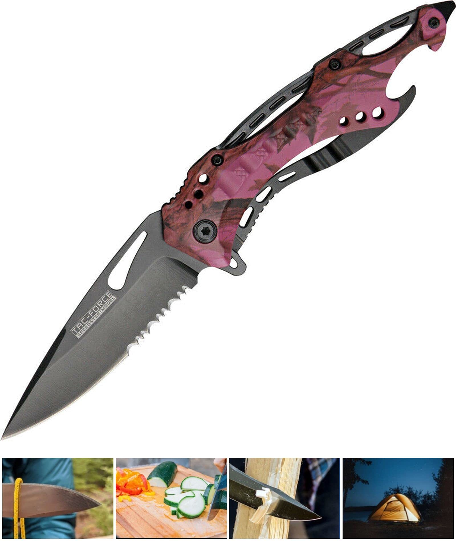 Linerlock A/O Pink Camo Aluminum Handle Serrated Stainless Steel Open Folding Pocket Knife 705pc Outdoor Survival Hunting Knife for Camping by Survival Steel