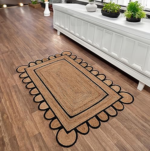 Scalloped Jute Rug 5x7, Seagrass Jute Rug 8x10 for Living Room Area, Jute Runner Rug for Kitchen 2.6x6 ft, Farmhouse Rug & Natural Boho Bath mat 3x5, Entryway Rugs Indoor & Outdoor Jute Rug 9x12
