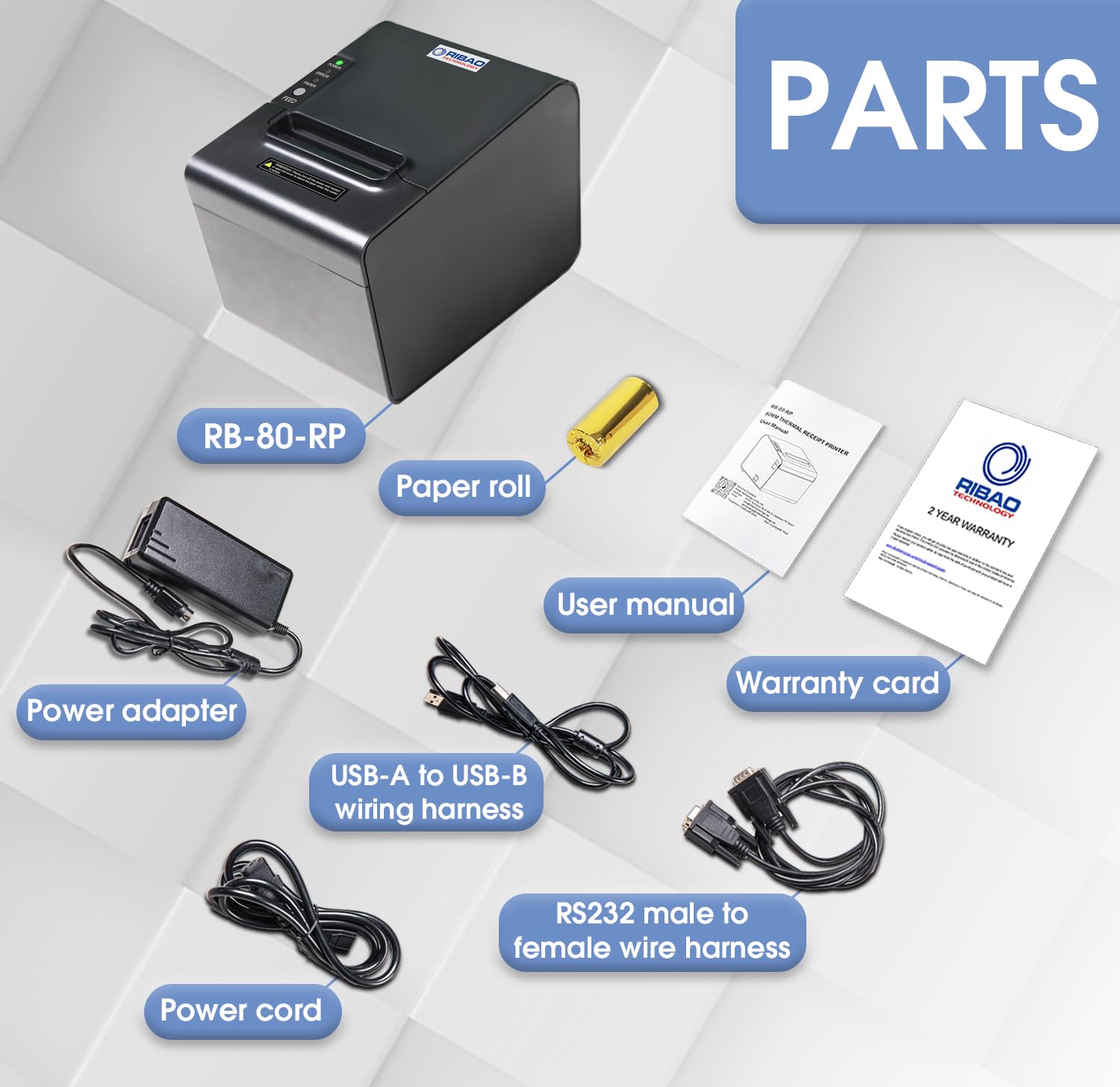 RIBAO Thermal 80mm POS Printer Receipt Printer Connect Cash Registers Cash Drawer, BC-55 BC-40 BCS-160 Mixed Bill Money Counter RS232 Cashbox Interface,Windows/Mac/Linux