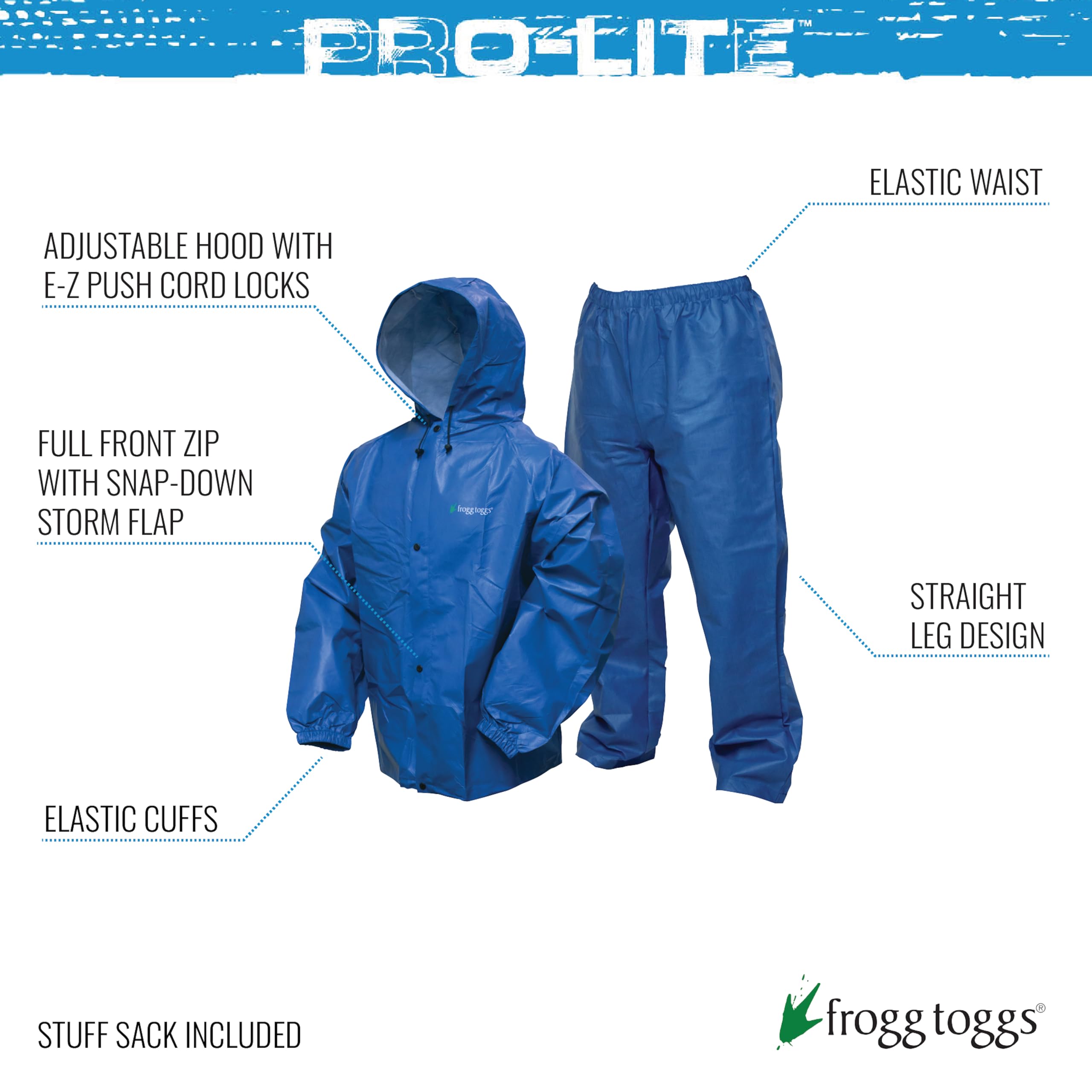 FROGG TOGGS Men's Pro Lite Suit, Waterproof, Breathable, Dependable Wet Weather Protection,Royal Blue, Medium-Large