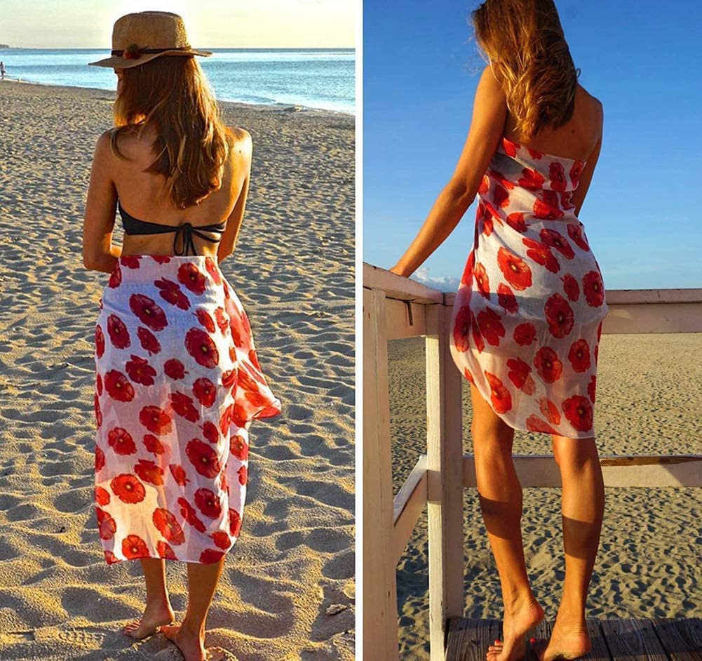 GERINLY Red Poppy Floral White Scarf for Women Oblong Shawl Wrap for Summer Travel Cotton Voile Beach Sarong