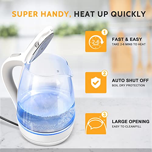Pukomc Electric Kettle - 1.7L Hot Water Boiler - Glass Tea kettle with Wide Opening and Led Indicator, Auto Shut-Off and Boil-Dry Protection - Series 9460