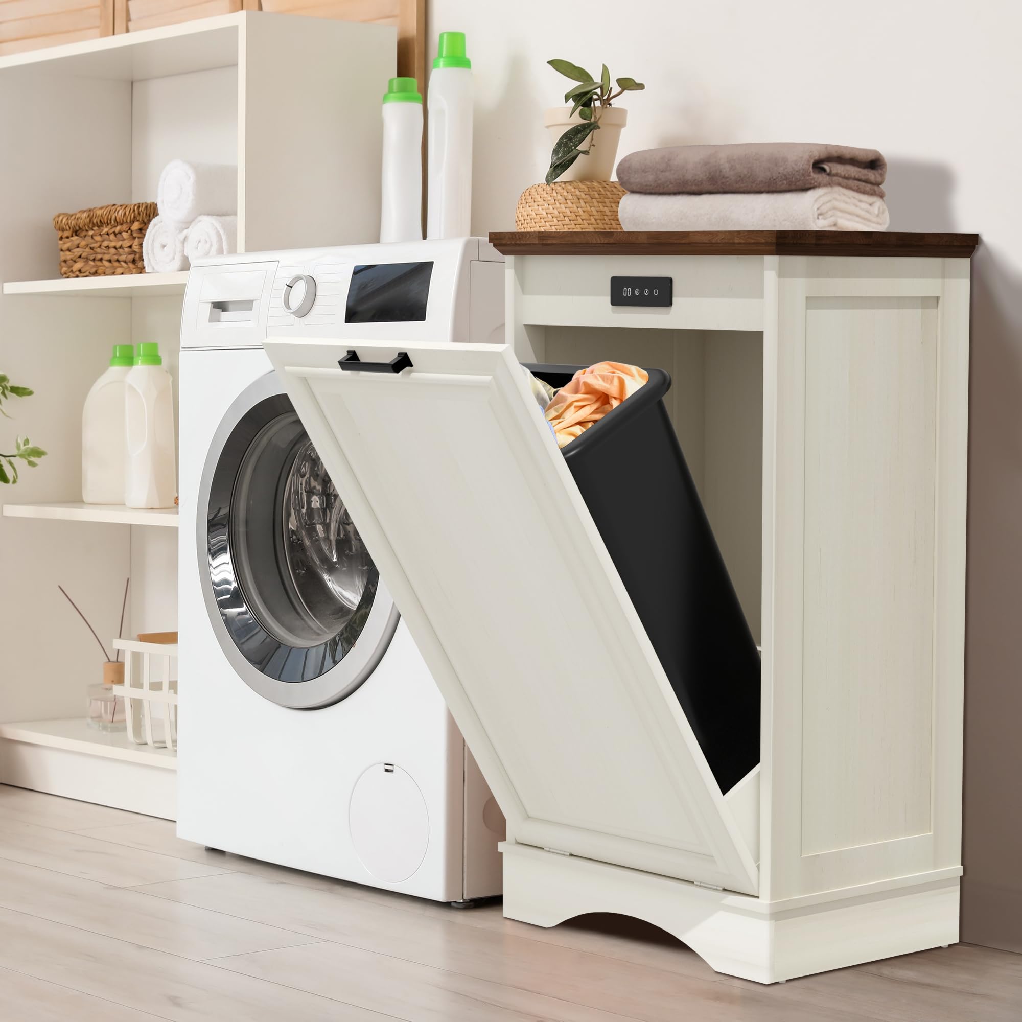 Spurgehom 13 Gallon Tilt Out Trash Cabinet Kitchen Waste Bins, Tilt-Out Laundry Sorter Cabinet with Deodorizing Function for Kitchen Living Room, Antique White