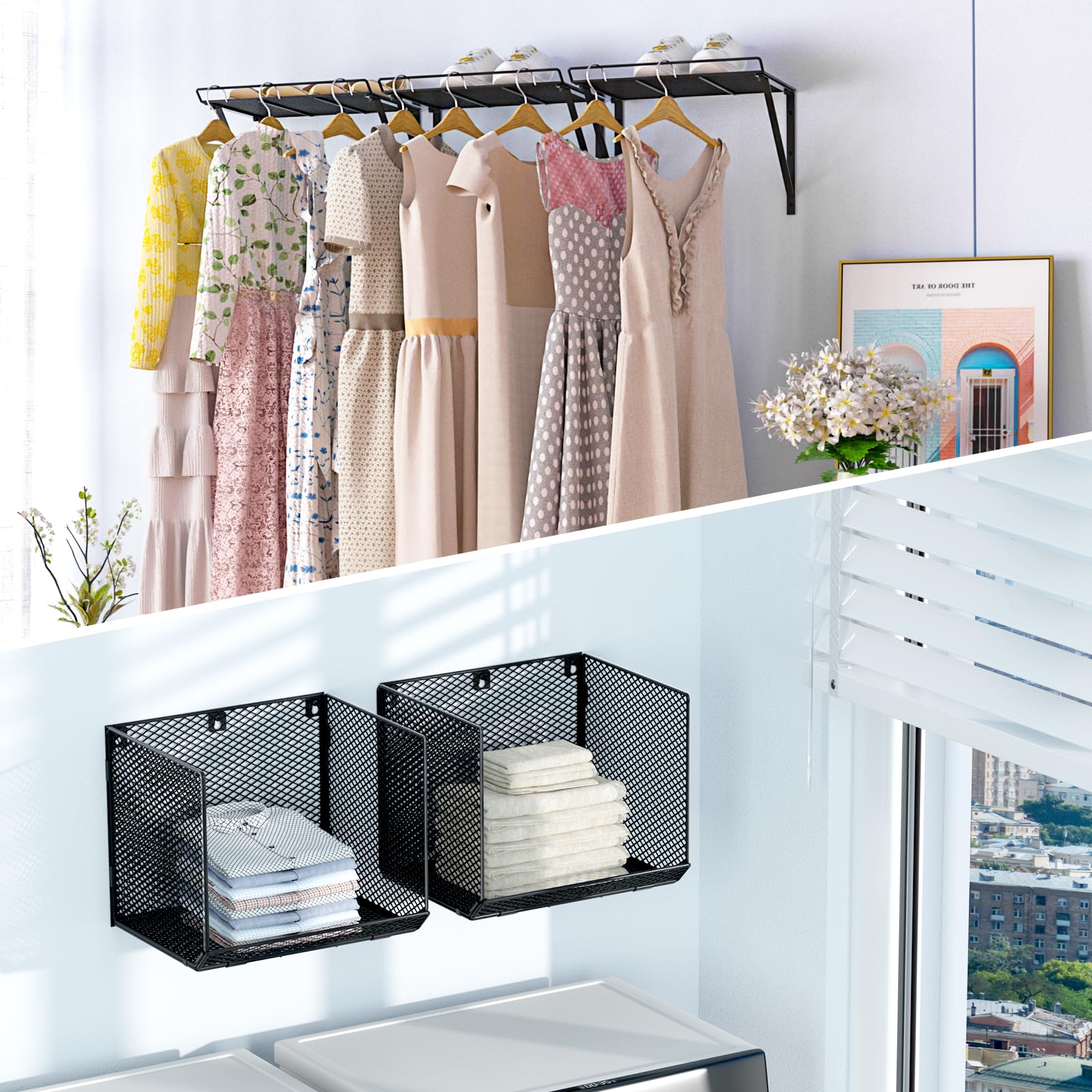 QHH Laundry Room Shelves Wall Mounted with Floating Shelves with Wire Storage Basket, Over The Washer and Dryer Shelf with Clothes Drying Rack, Wire Shelves Baskets for Laundry Organization