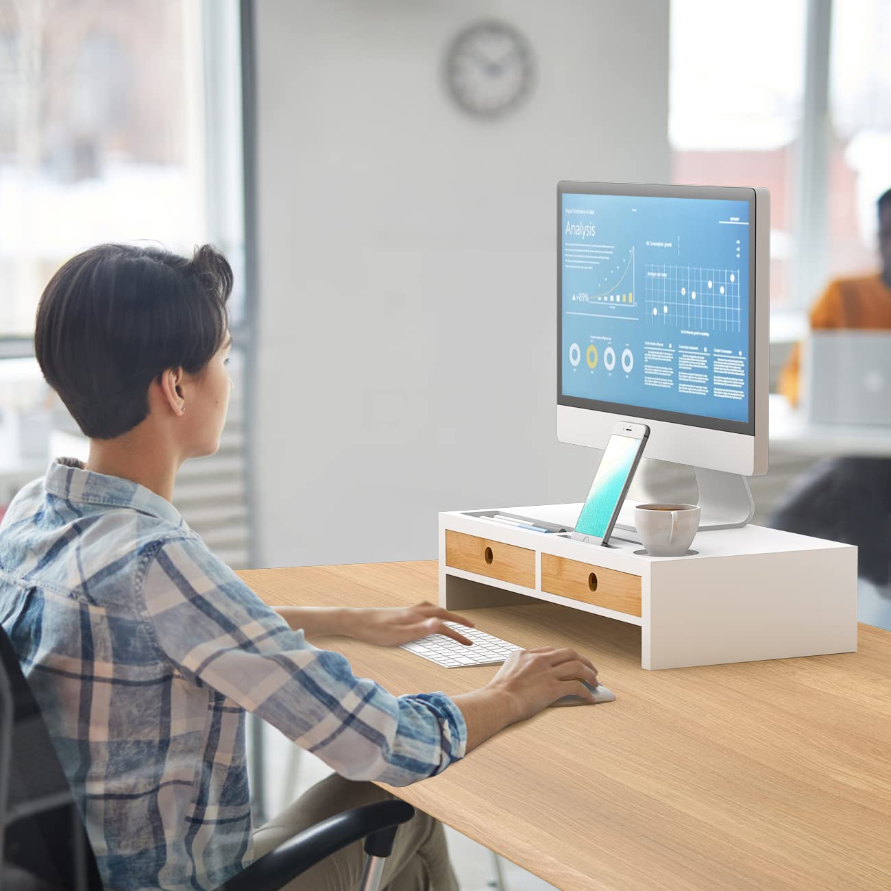 Monitor Stand Riser with Drawer - White Laptop Stand, Bamboo Desktop Shelf Organizer for Computer, TV, Printer, Office Supplies & Accessories with Phone Holder & Cups Slot, No Assembly Needed