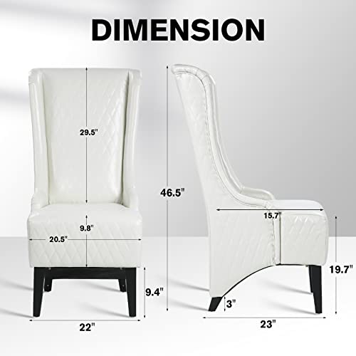 ME2 22" W Luxury Leather Chair for Dining Room High Back Accent Chair for Living Room, Solid Wood Frame Side Chair with Wood Legs Dining Chair for Restaurant/Dining Room, White