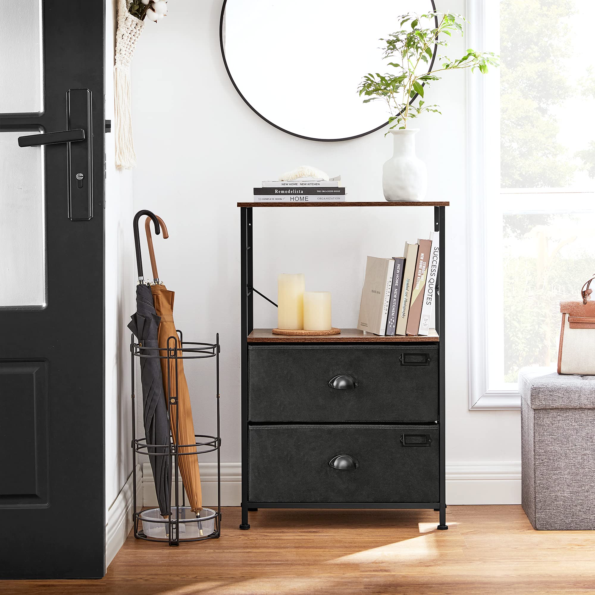 SONGMICS Nightstand, Industrial Bedside Table with 2 Fabric Drawers, Storage Shelves, Vertical Dresser Storage Tower with Wooden Top, Metal Frame, Labels, Rustic Brown and Black ULVT03H